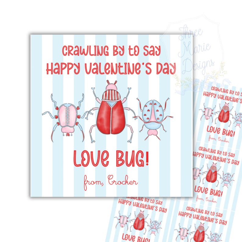 Blue Bugs Valentine Tag | 3x3 Editable DIY Valentine Printable | Bug ...