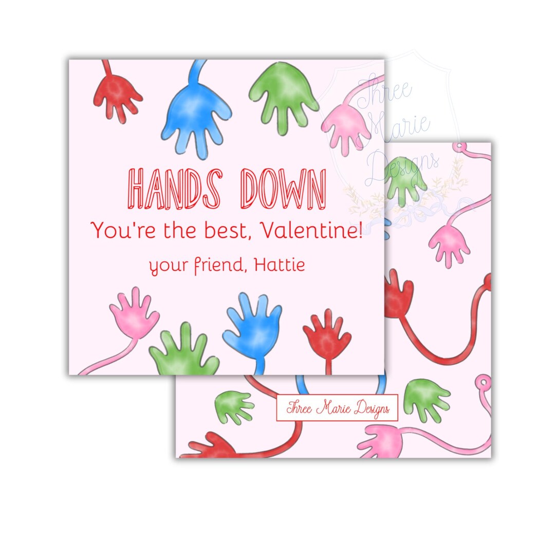 Pink Sticky Hands Valentine Tag | Slappy Hand Valentine Tag | Hands ...