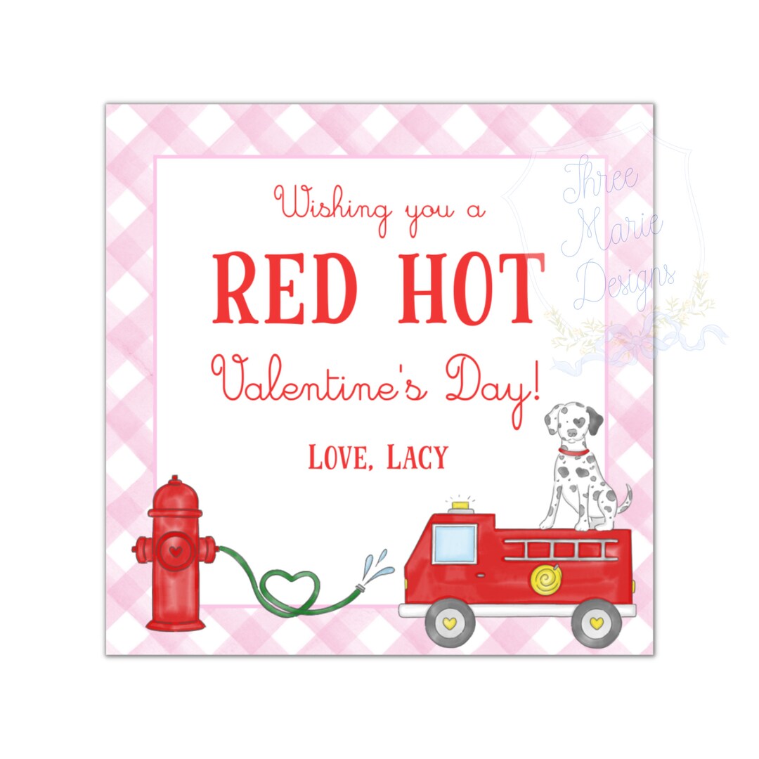 Pink Firetruck Valentine Tag | Fireman Valentine Card | Hot Valentine ...