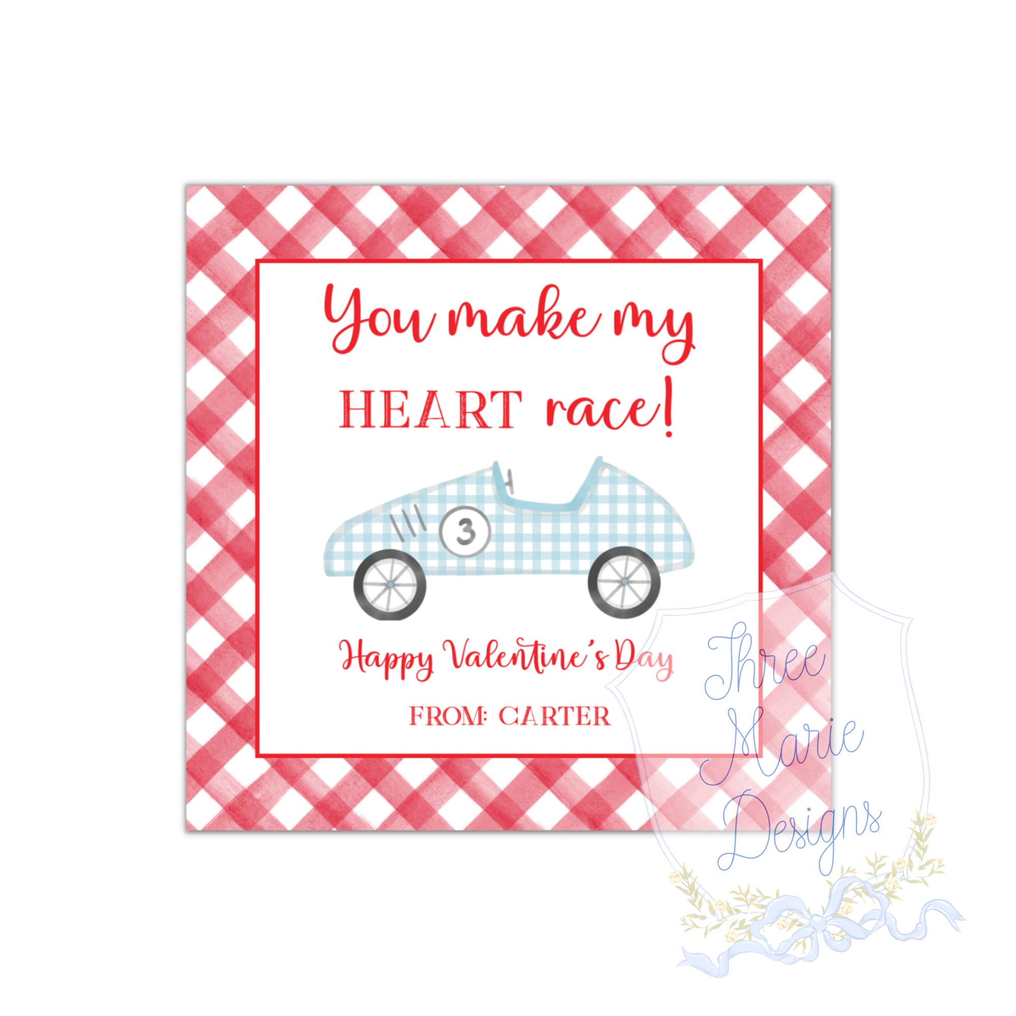 Race Car Valentine Tag | Boys Valentine Card | 3x3 | Self-editable ...