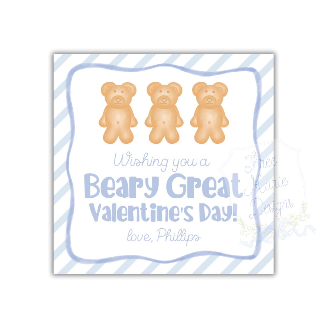 Teddy Graham Blue Valentine Tag | Beary Sweet Valentine Card, 3x3 ...