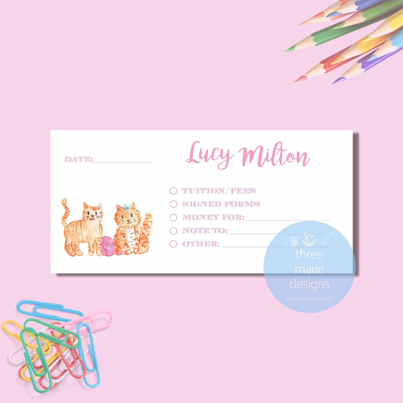 Kids School Envelope Custom Envelopes for School Lunch Money | Etsy