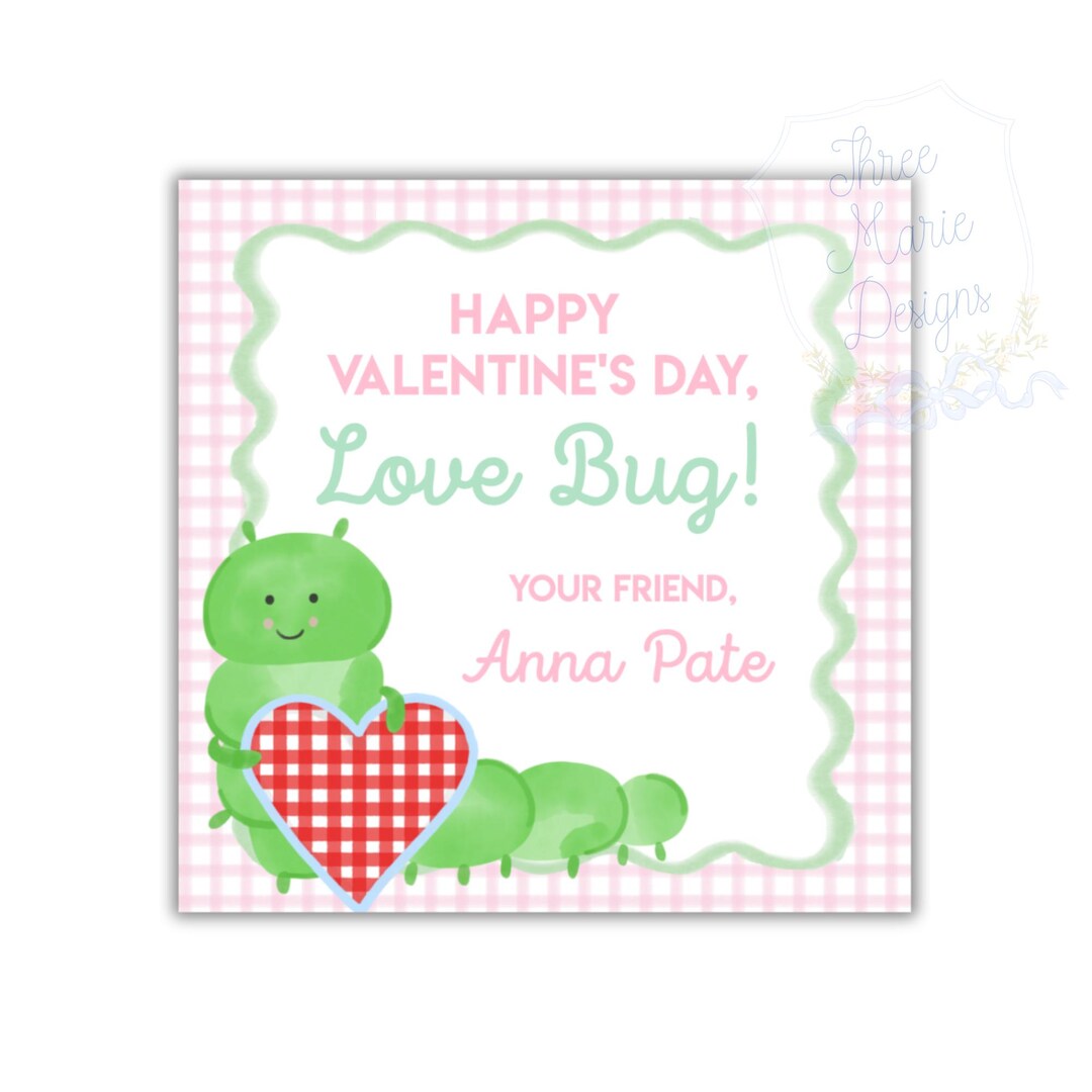 Pink Love Bug Valentine 3x3 Editable DIY Valentine Card Caterpillar ...