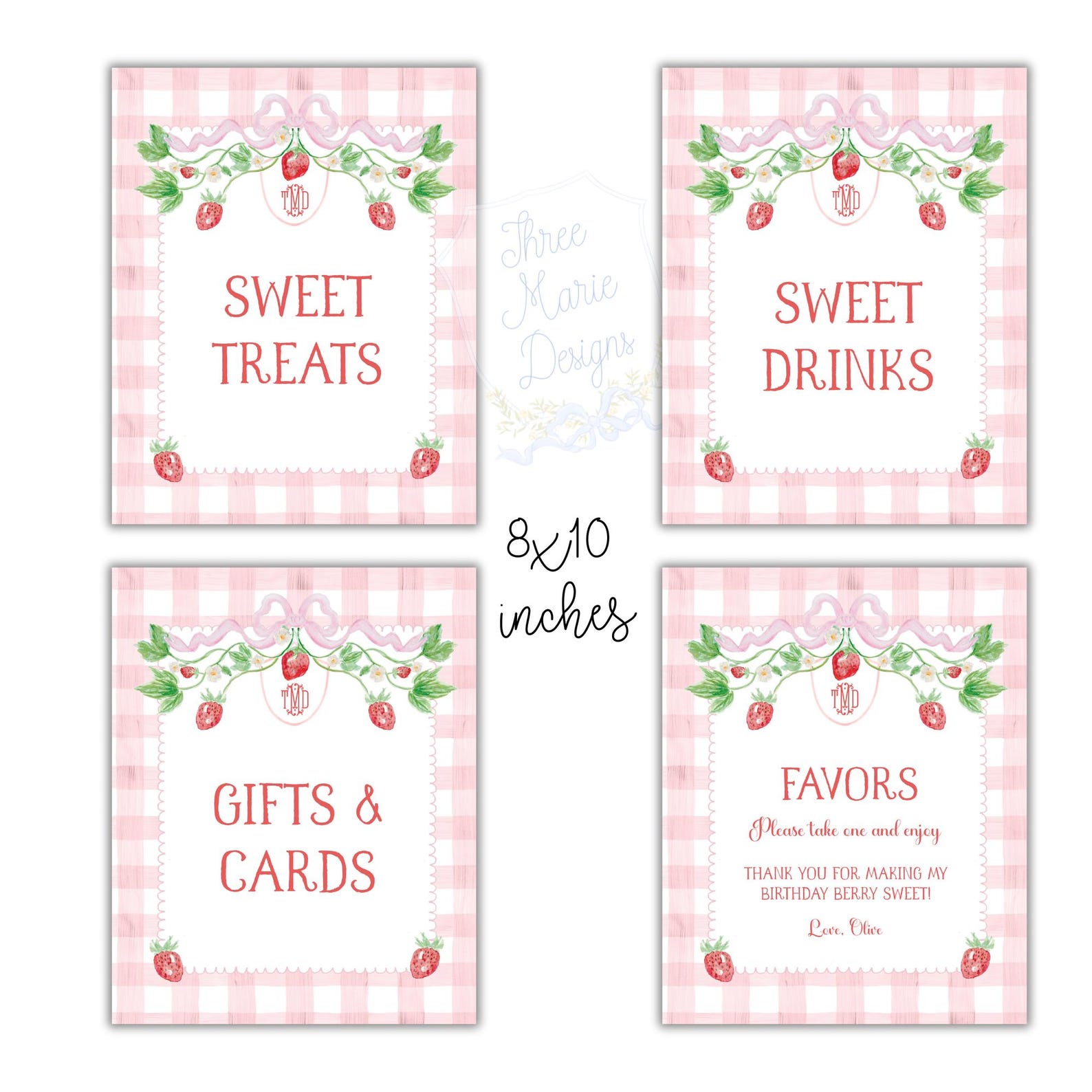 Editable Pink Bow Strawberry Table Signage | Berry First Birthday ...