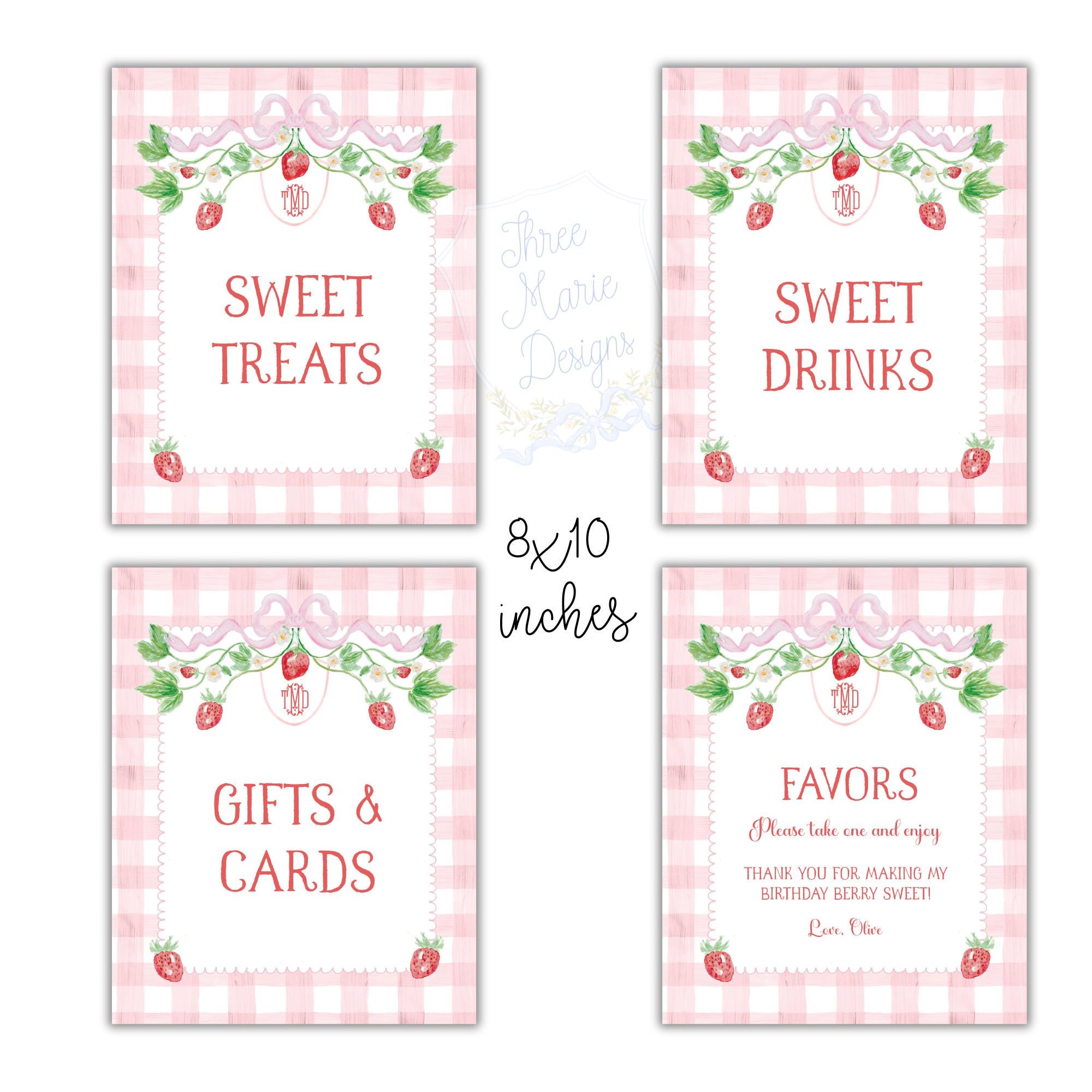 Editable Pink Bow Strawberry Table Signage | Berry First Birthday ...
