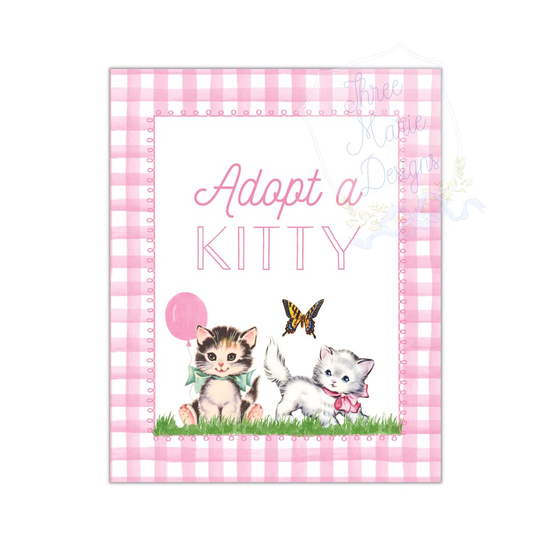 Adopt a Kitty Signage | 8x10 Kitten Adoption Sign for Vintage Cat Party, Pink Kitten Party, Cat ...