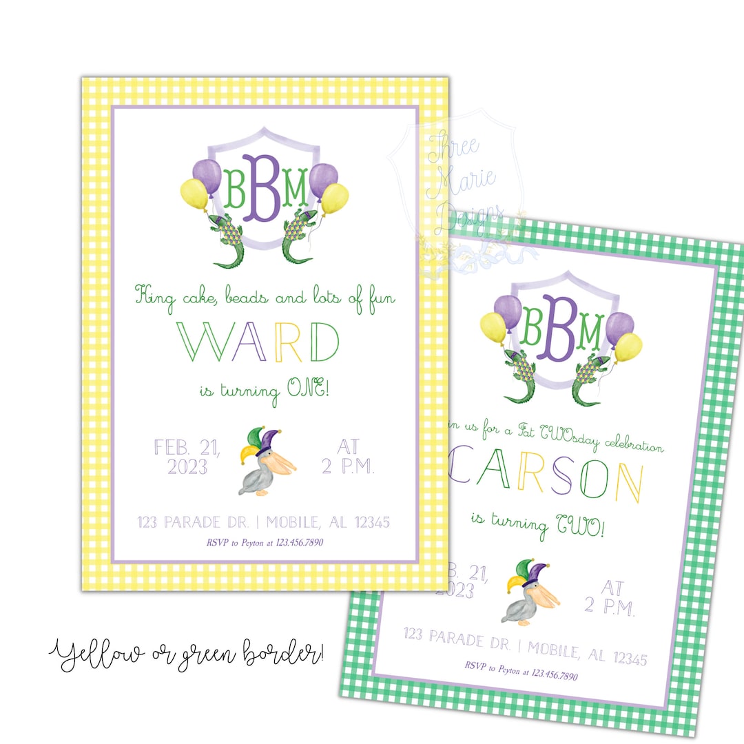 Mardi Gras Birthday Invite | Fat Twosday Invite | Bayou Birthday Invite ...