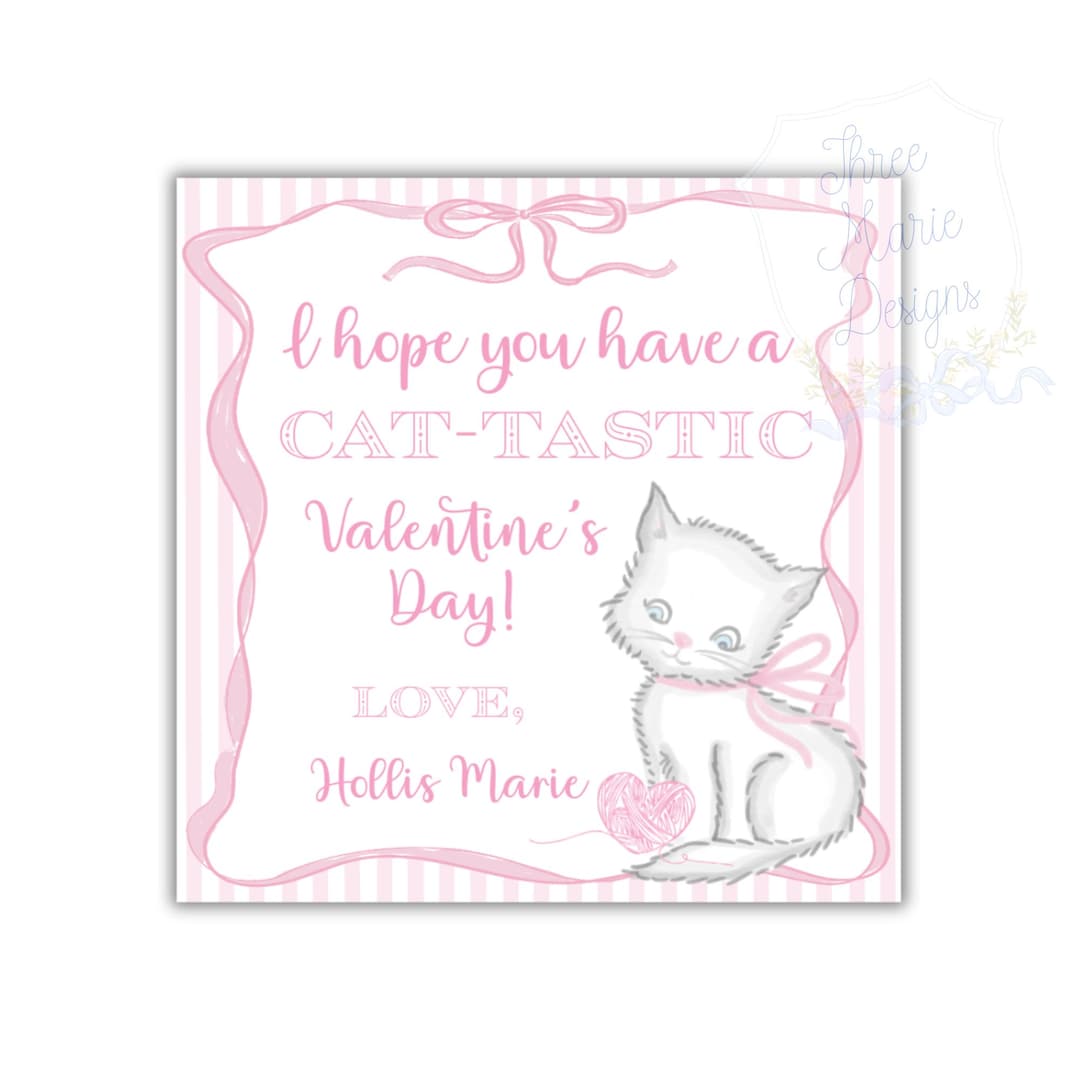 Pink Kitten Valentine Tag | Girly Valentine Tag | 3x3 Editable Cat ...