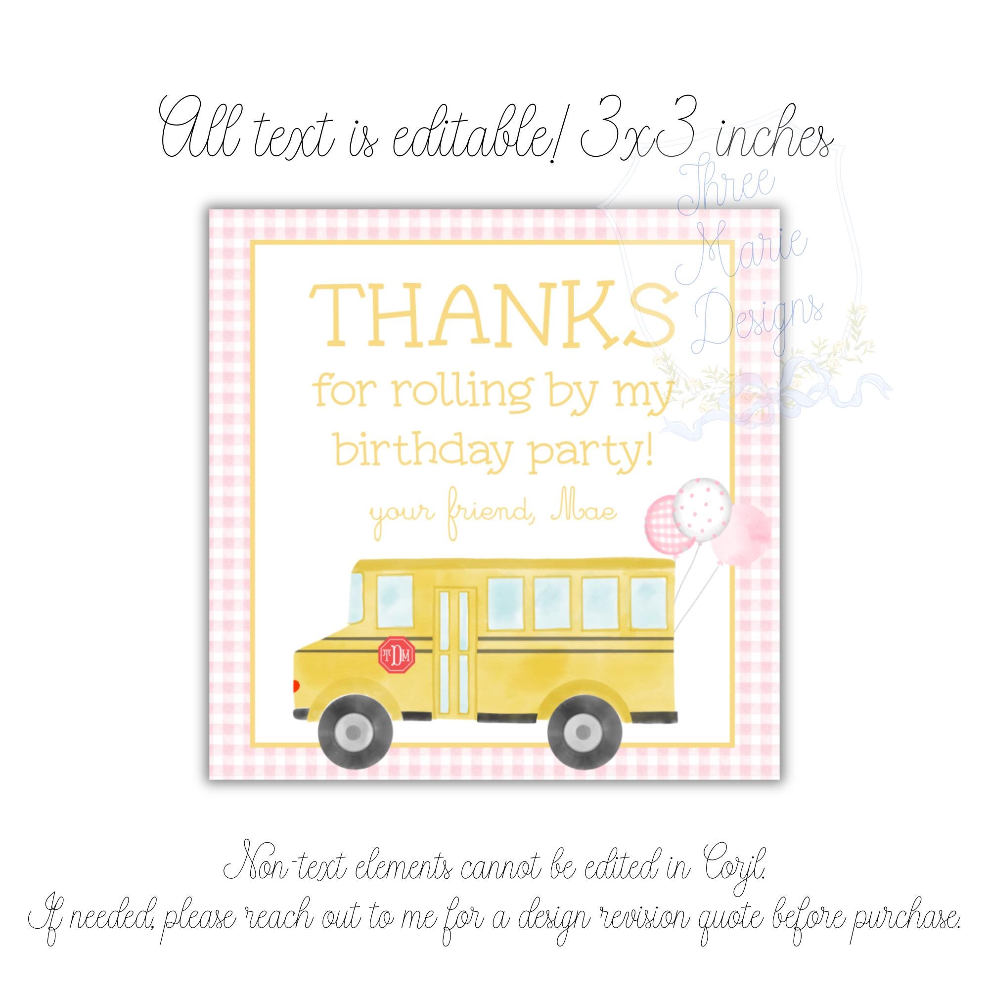 Wheels on the Bus Birthday Favor Tag | Editable Pink School Bus Tag ...