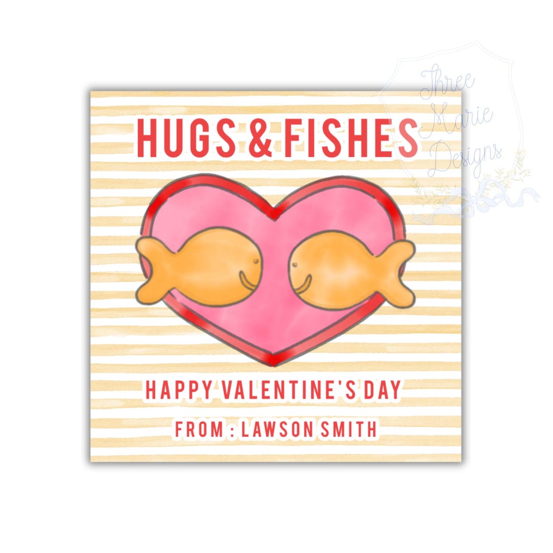 Fish Valentine Tag Hugs and Fishes Valentine 3x3 Inches Valentine ...