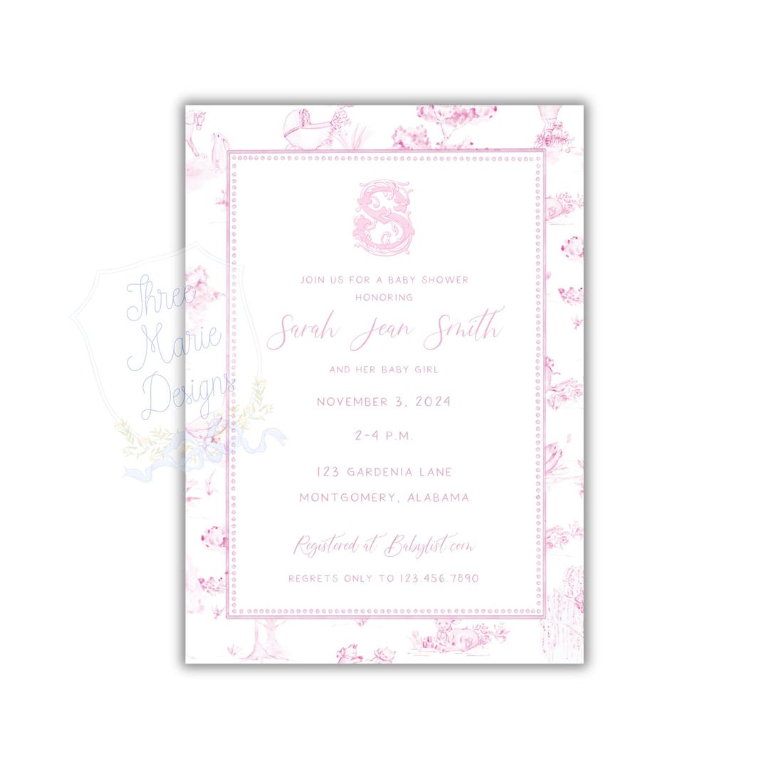 Pink Nursery Toile Baby Shower Invite | Baby Girl Shower Invitation ...