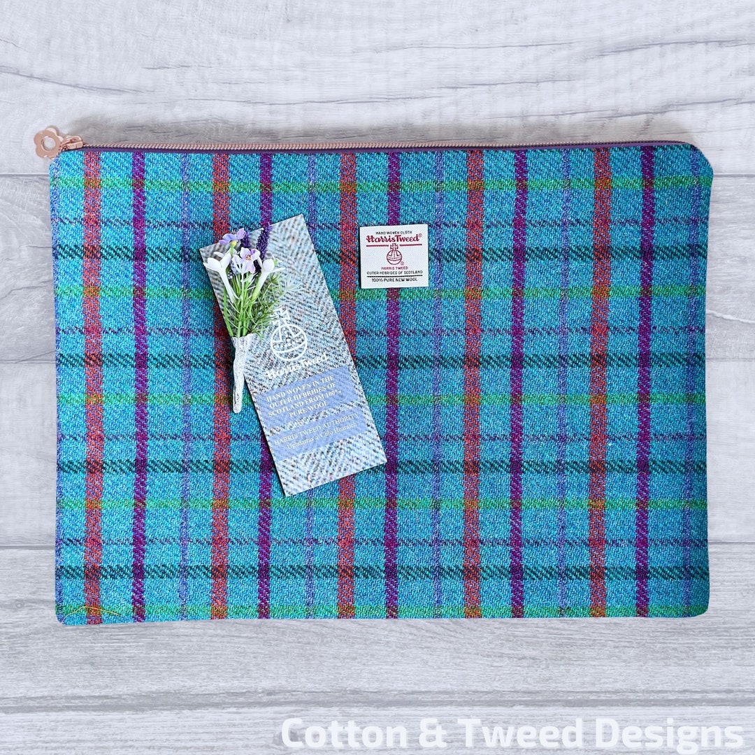 Harris Tweed Laptop Case, Handmade in a Turquoise Plaid & Cerise Harris ...