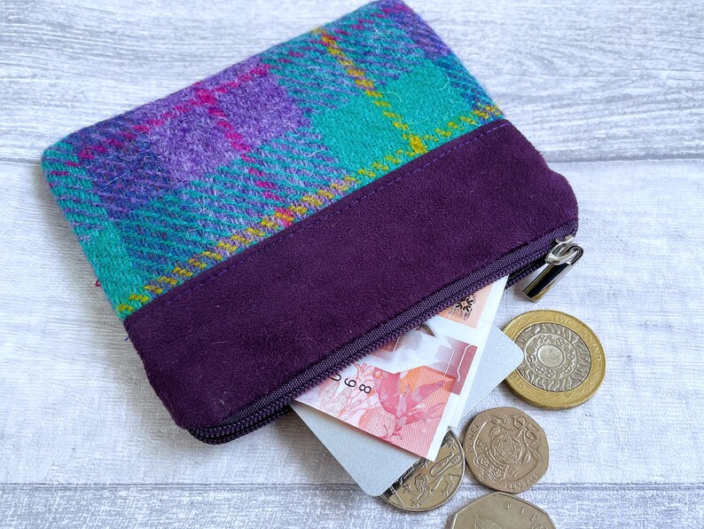 Harris Tweed Coin Purse, Heather, Pink, and Jade Plaid Design With ...