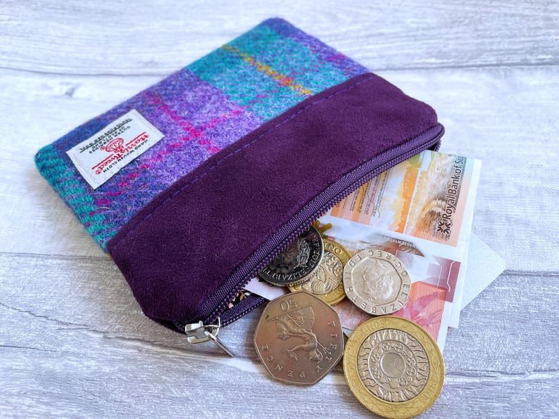 Harris Tweed Coin Purse, Heather, Pink, and Jade Plaid Design With ...