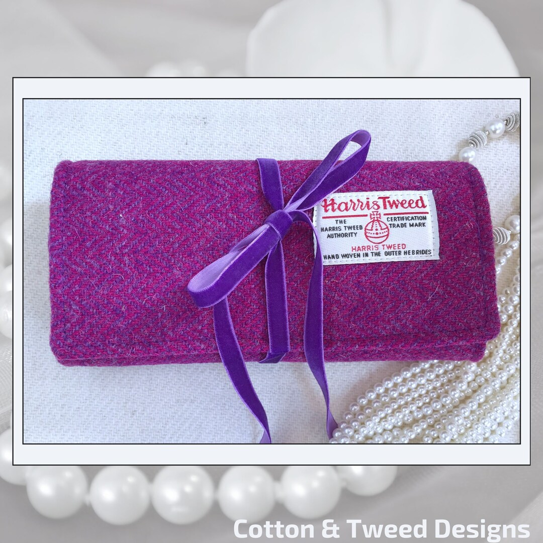 Jewellery Storage Roll, Cerise Pink & Heather Herringbone Harris Tweed ...