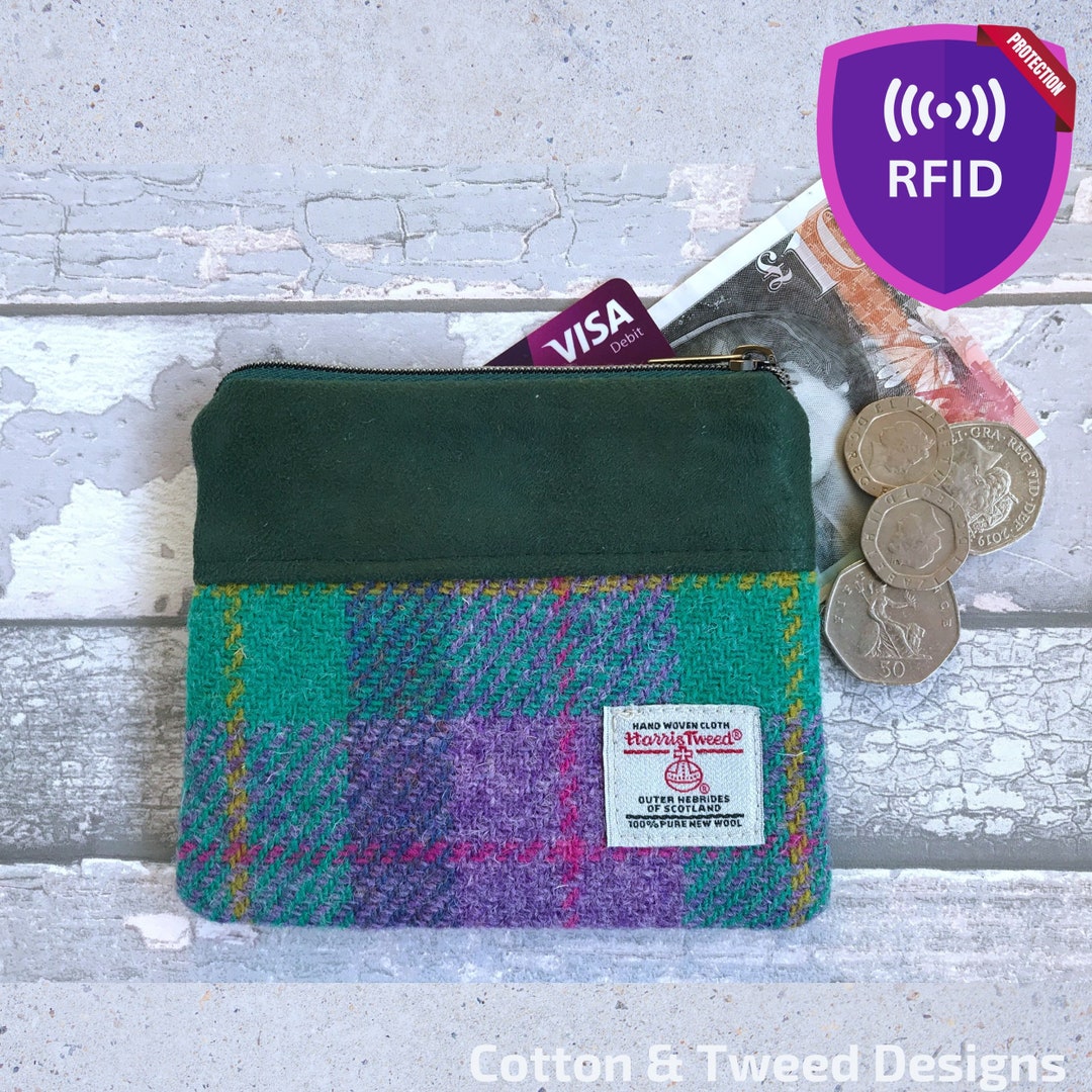 Harris Tweed Coin Purse, Heather, Pink, and Jade Plaid Design With ...