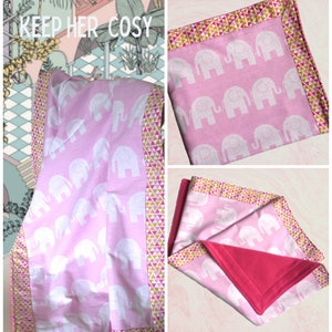 Unique Handmade Baby Girl Pram Rug, White Elephants on Pink, Cosy ...