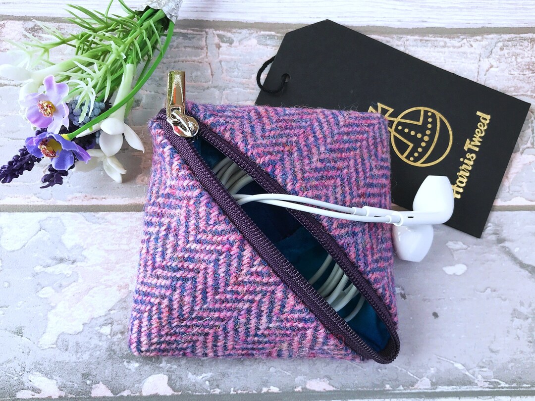 Harris Tweed Earbud Wallet, Heather and Lilac Herringbone Tweed ...