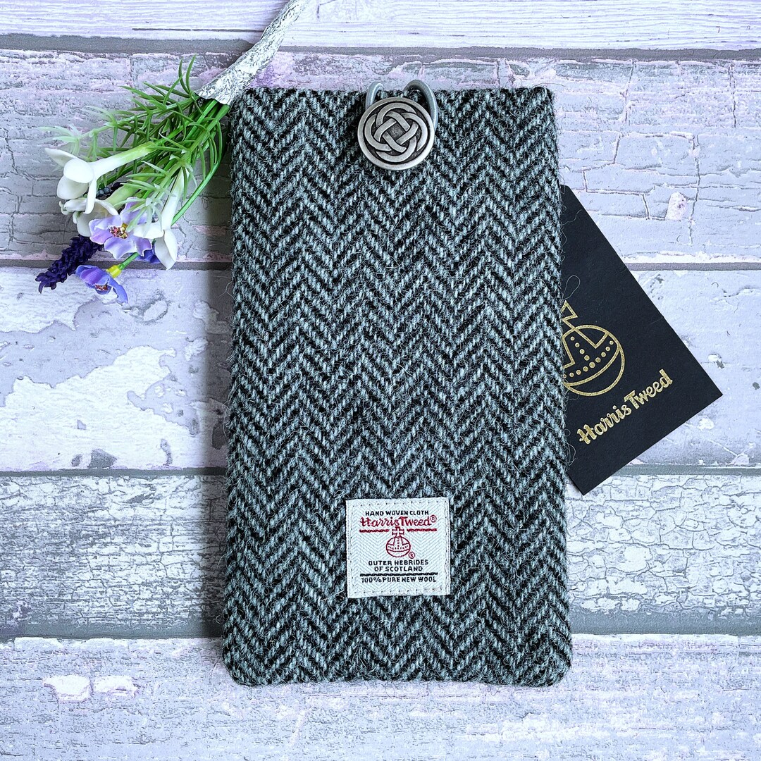 Handmade Black and Grey Herringbone Harris Tweed Mobile Phone Case ...