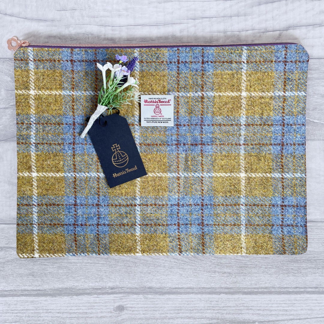 Handmade Harris Tweed Laptop Case, Shades of Mustard and Sky Blue Plaid ...