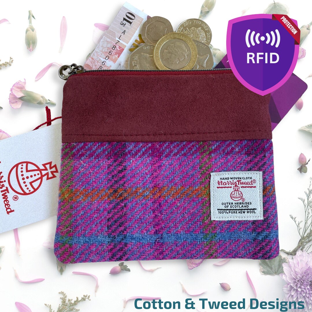 Harris Tweed Coin Purse, Heather Pink & Orange Plaid Zipped Coin Pouch ...