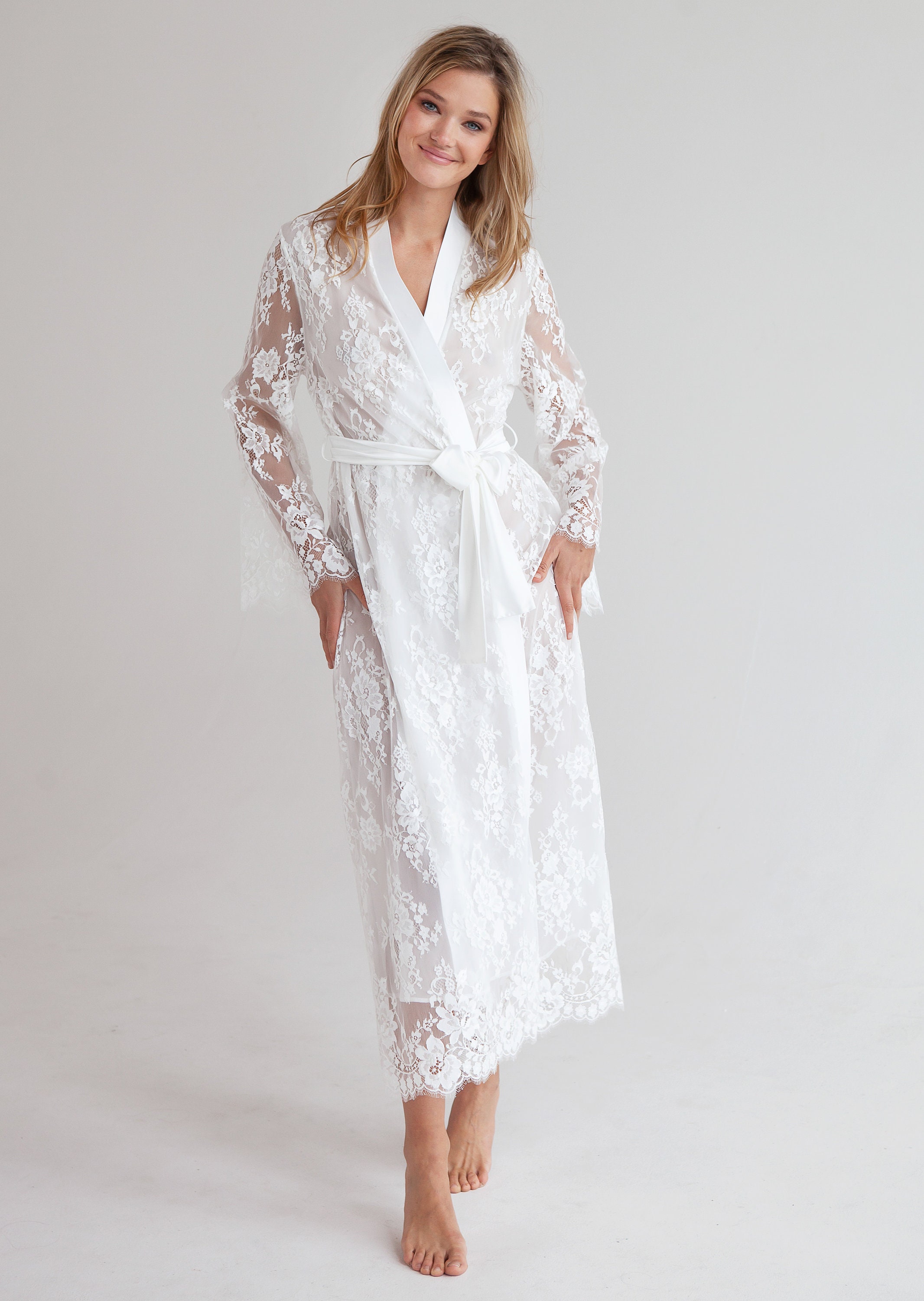 Luxurious Ivory Lace Robe Margaret With Chiffon Lining,bridal Lingerie ...