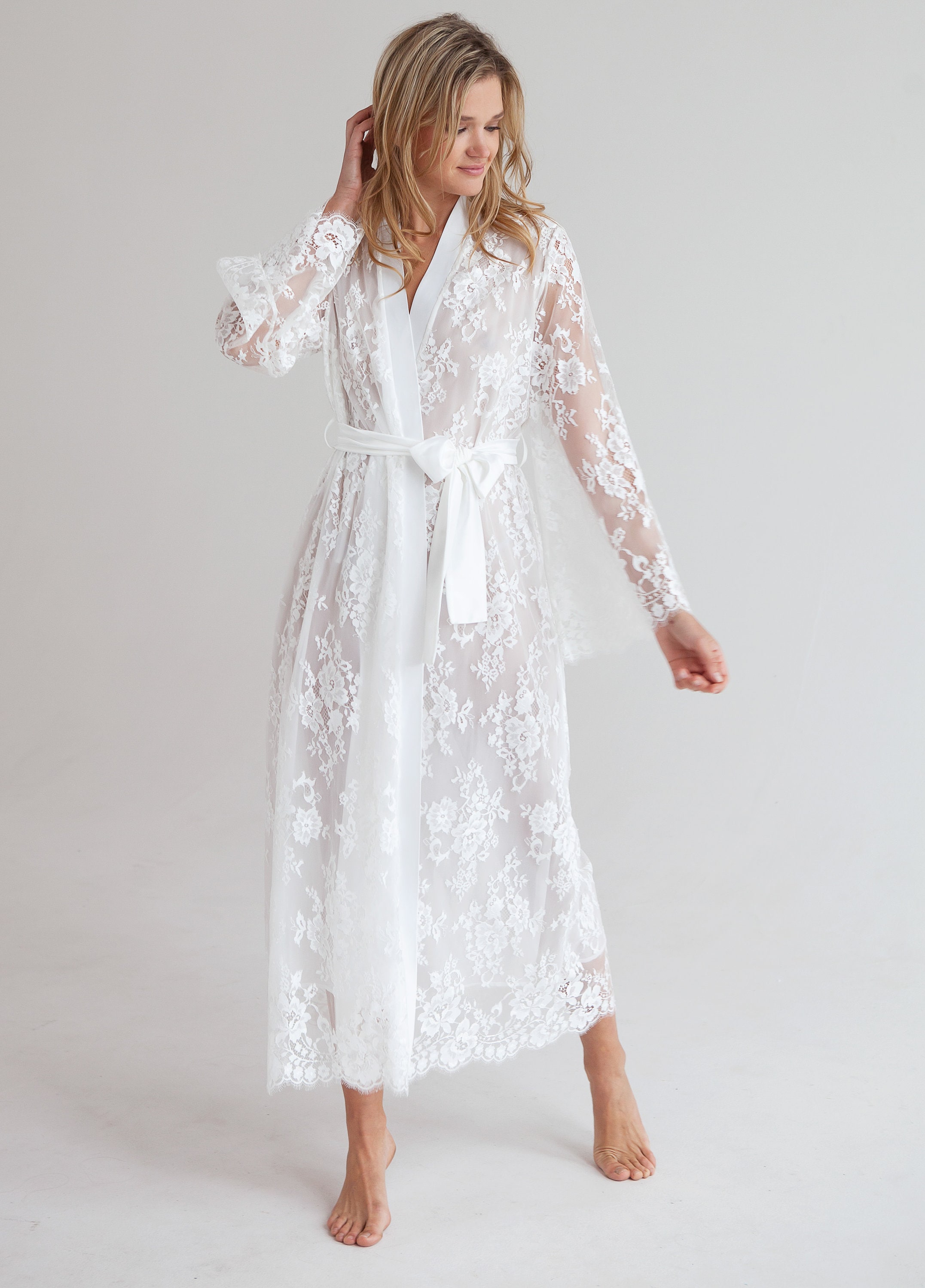 Luxurious Ivory Lace Robe Margaret With Chiffon Lining,bridal Lingerie ...