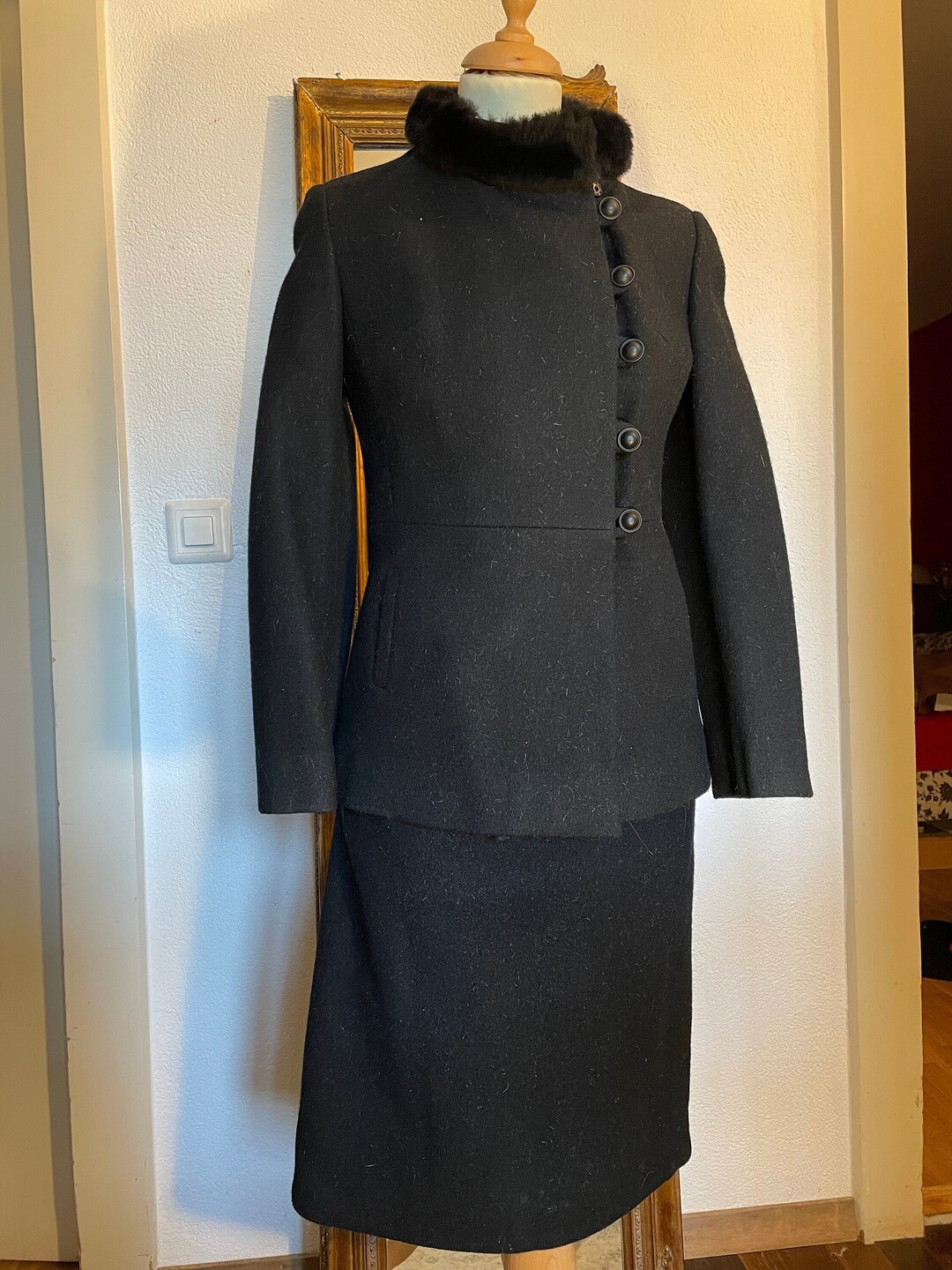 Vintage 1950s Black Wool Suit / Set With Faux Fur Collar - Etsy