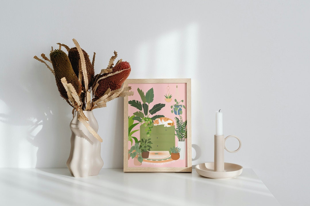 Botanical Art Print With an Orange Cat | House Plant Print in Pink ...