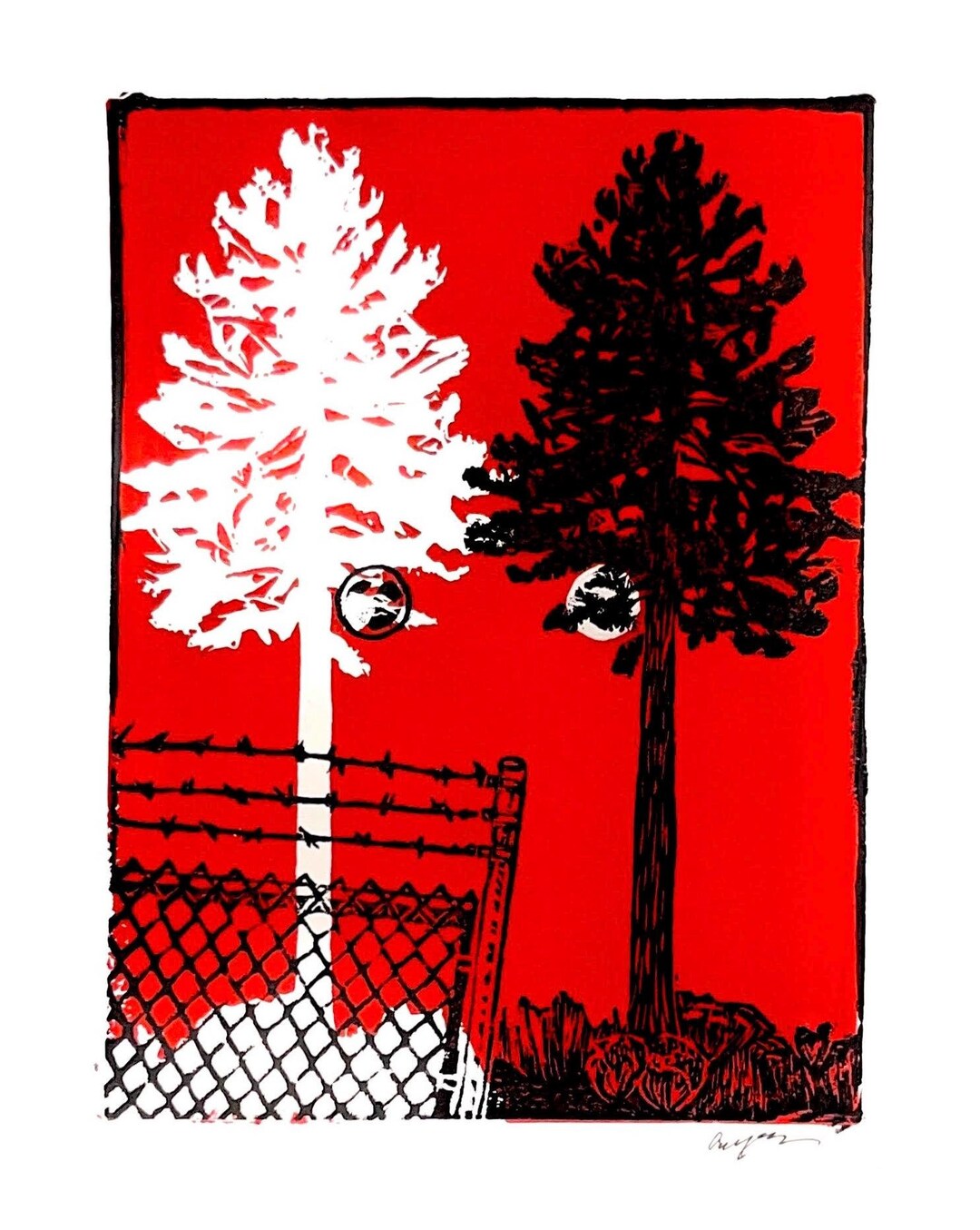 Juncture - Original Linocut Print of Tree/moon/barbed Wire - Handmade ...