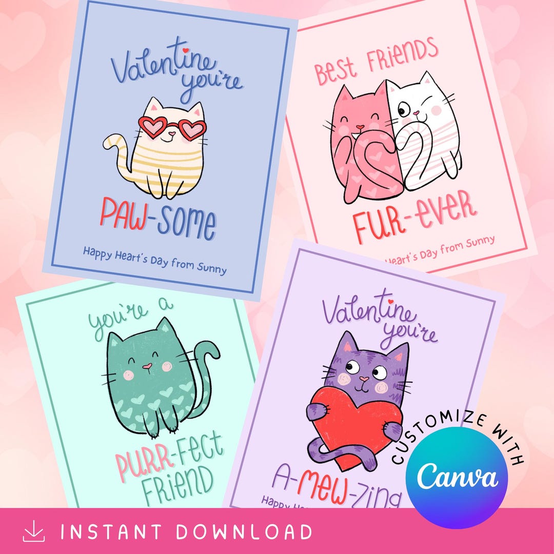 Kitty Cuties Valentine Cards + Gift Tags, Customize + Printable ...