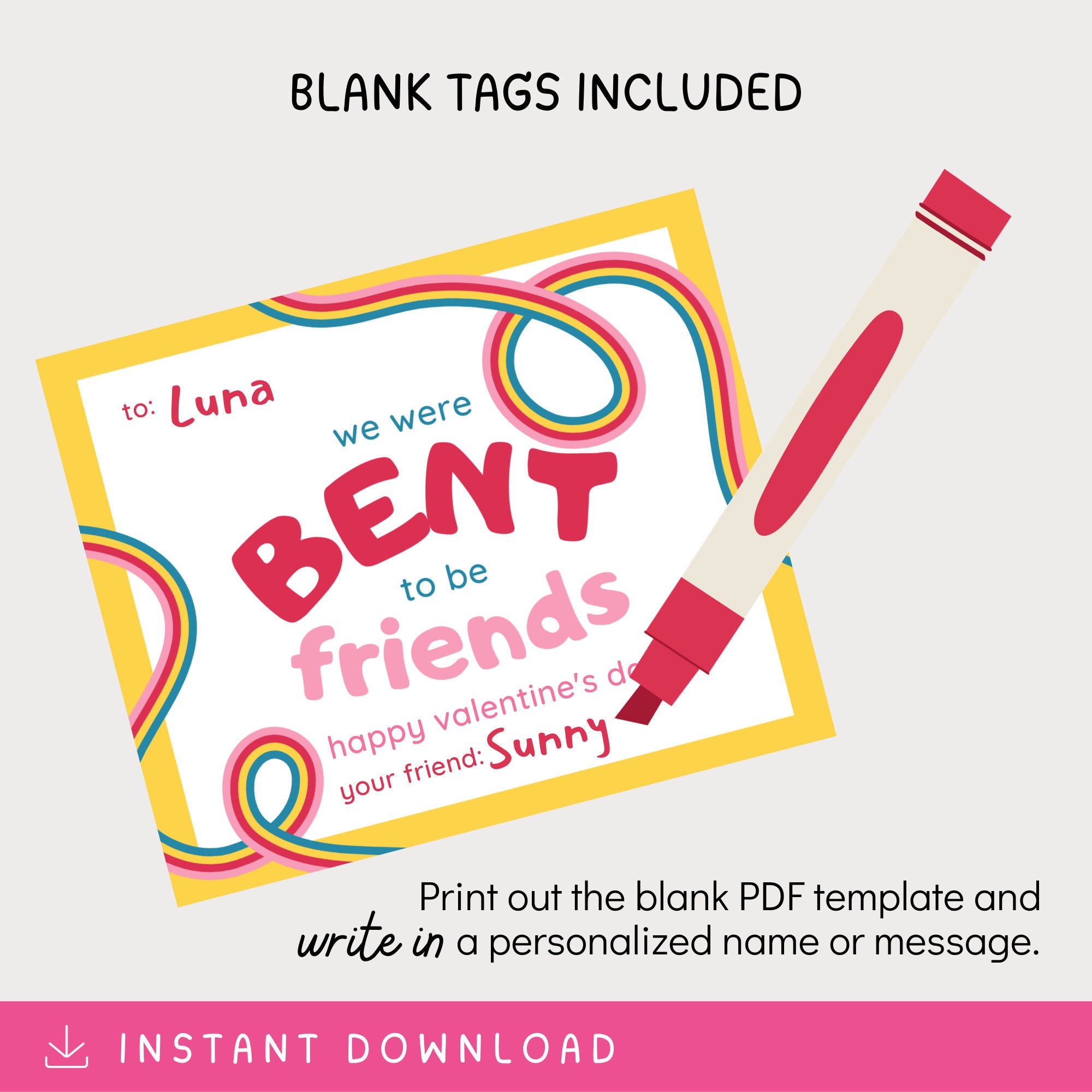 Bendy Tube Valentine Cards | Bent to Be Friends (PINK) | Printable ...