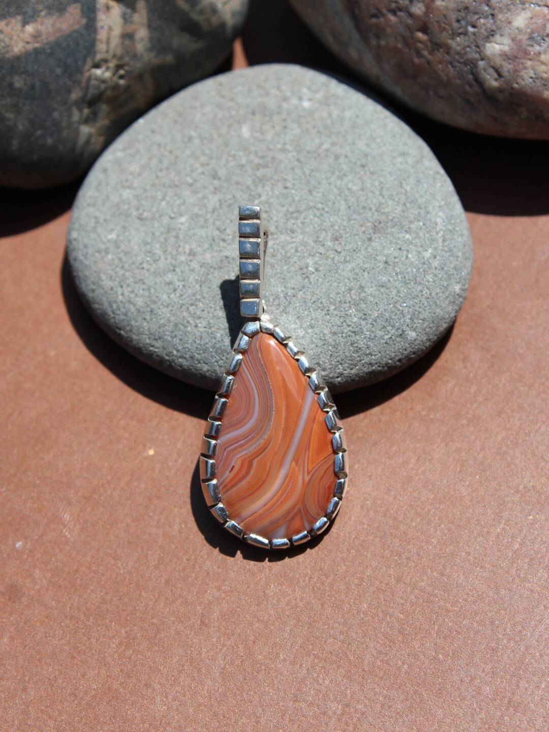 P-30 Salmon Colored Lake Superior Agate Pendant Set in .950 Sterling ...