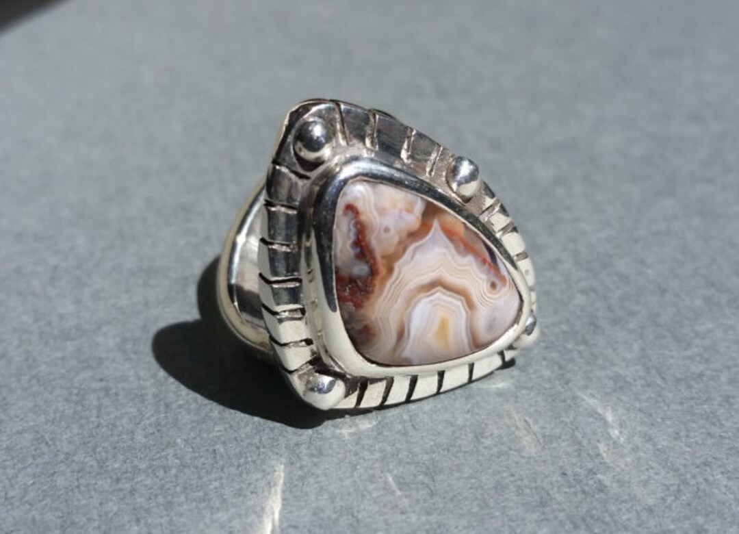 6-39 Multi Color Lake Superior Agate Ring Set in .950 Sterling Silver ...