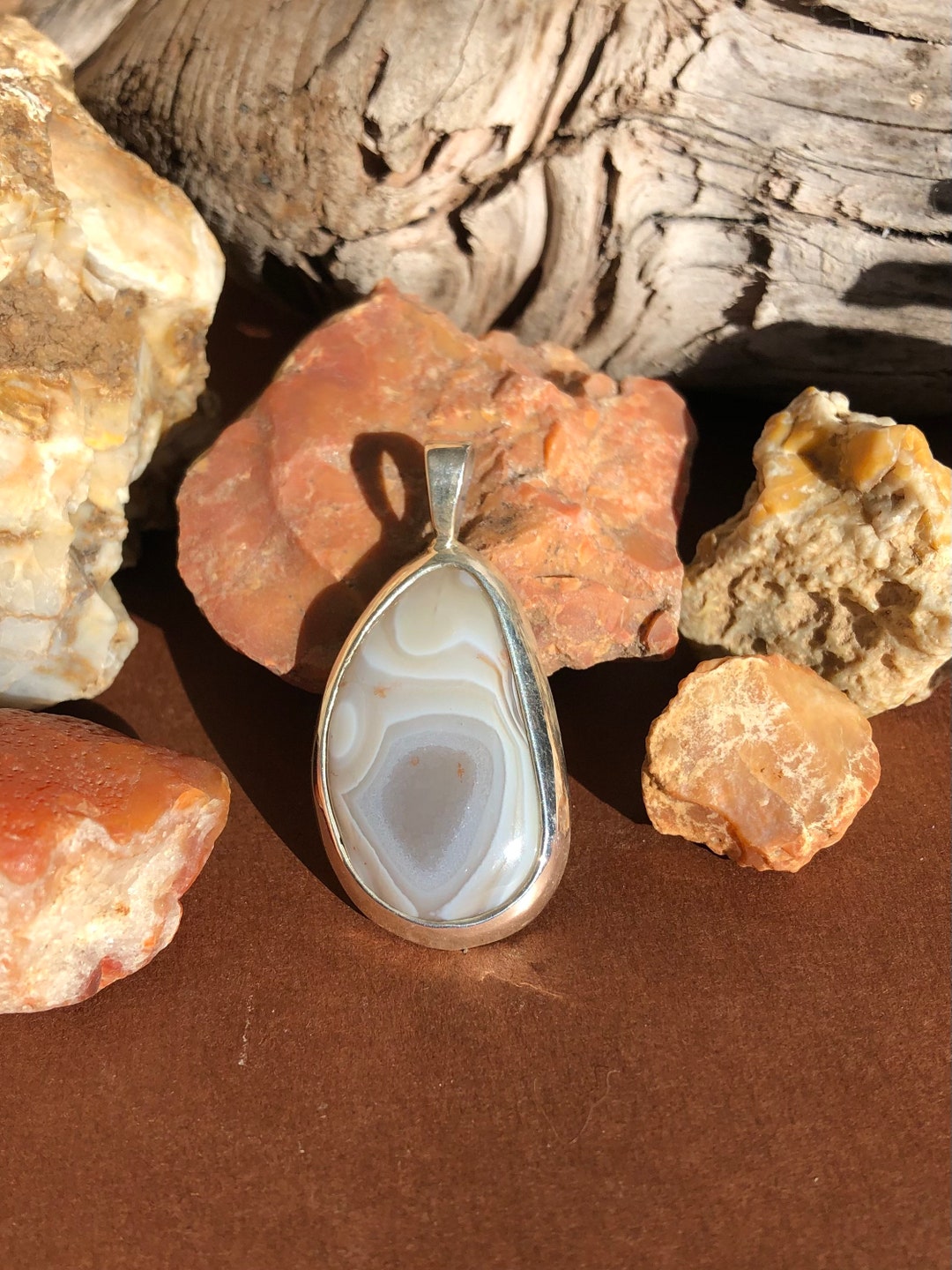 P-86 Grey Tan White Banded Lake Superior Agate Pendant Sterling Silver ...