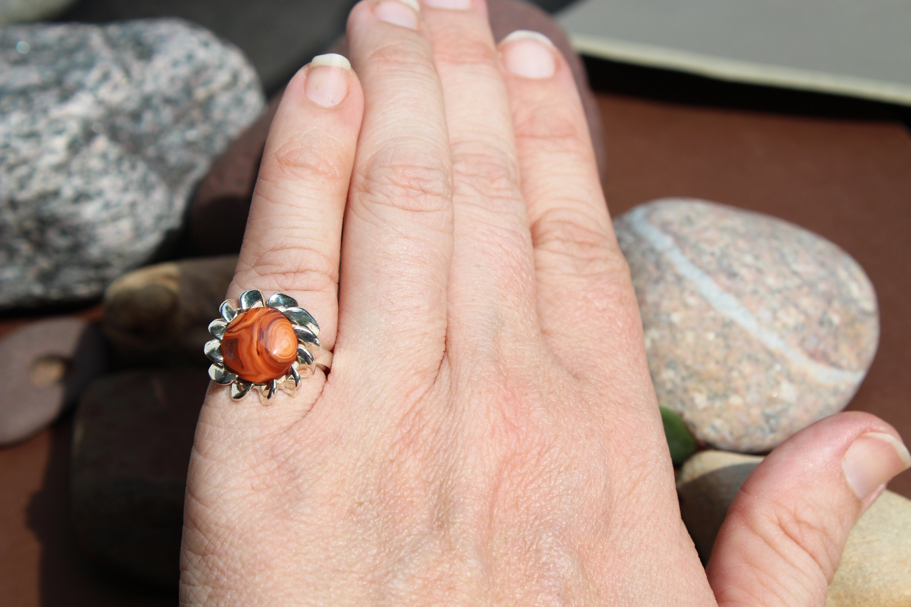 4-4 Salmon Color Lake Superior Agate Ring Set in .950 Sterling Silver ...