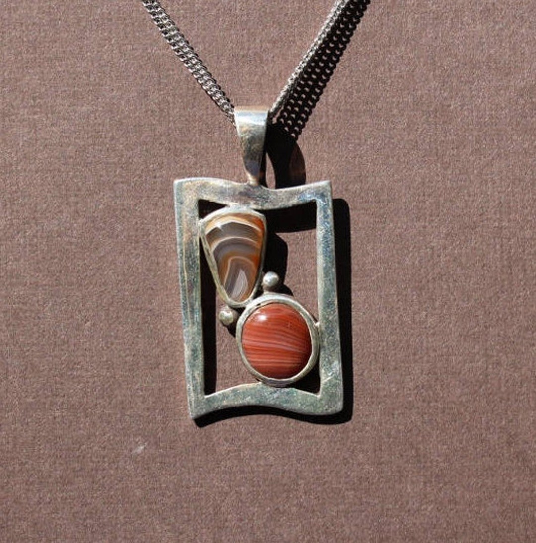 Double Stone Setting Lake Superior Agate Pendant Set in .950 - Etsy