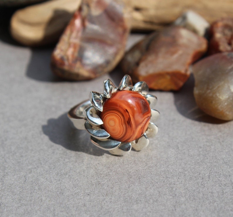 4-4 Salmon Color Lake Superior Agate Ring Set in .950 Sterling Silver ...