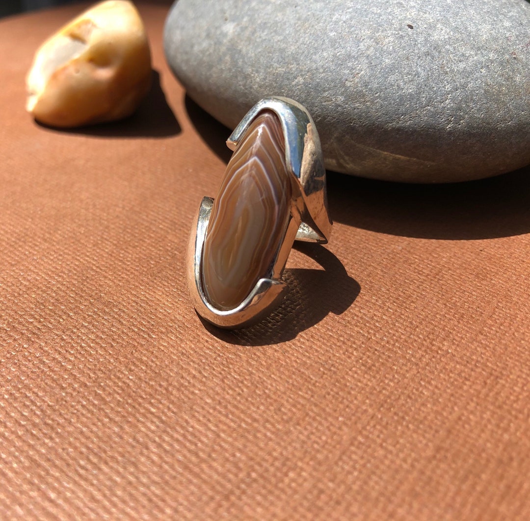 7-1 Brown and White Banded Lake Superior Agate Ring .950 Sterling ...