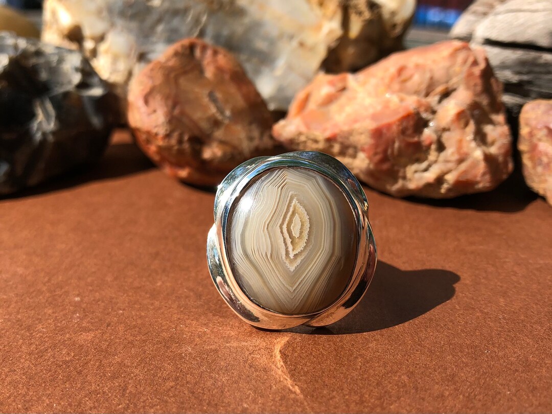 7-35 Tan Banded Lake Superior Shadow Agate Ring Sterling Silver Size 7. ...
