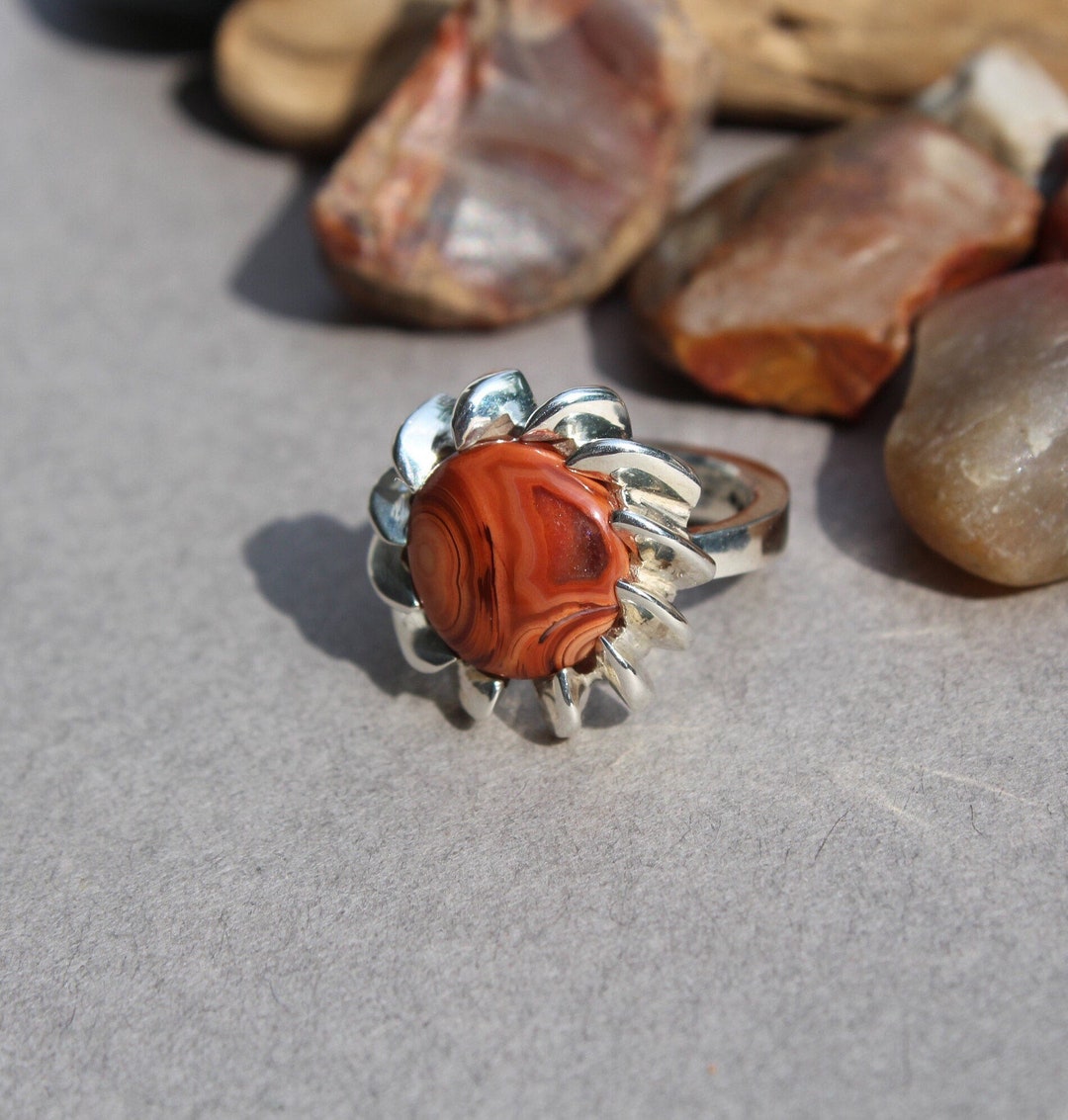 4-4 Salmon Color Lake Superior Agate Ring Set in .950 Sterling Silver ...