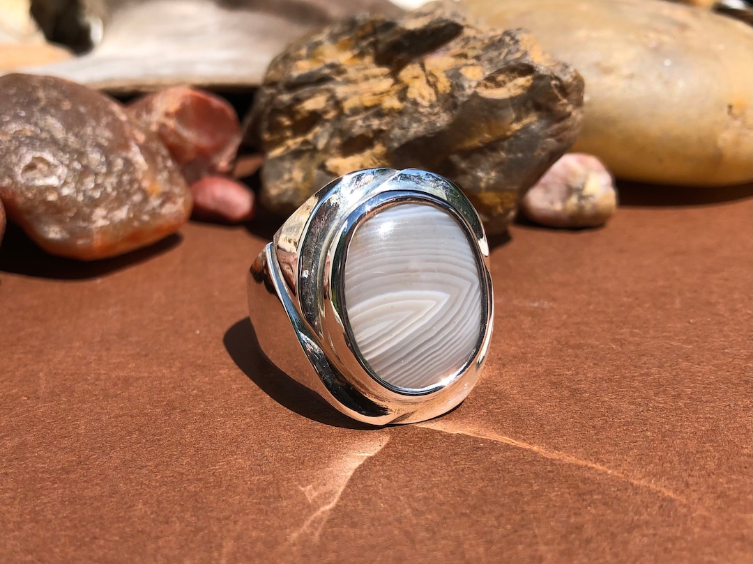 10-4 White Grey Banded Lake Superior Agate Ring Sterling Silver Size 10 ...