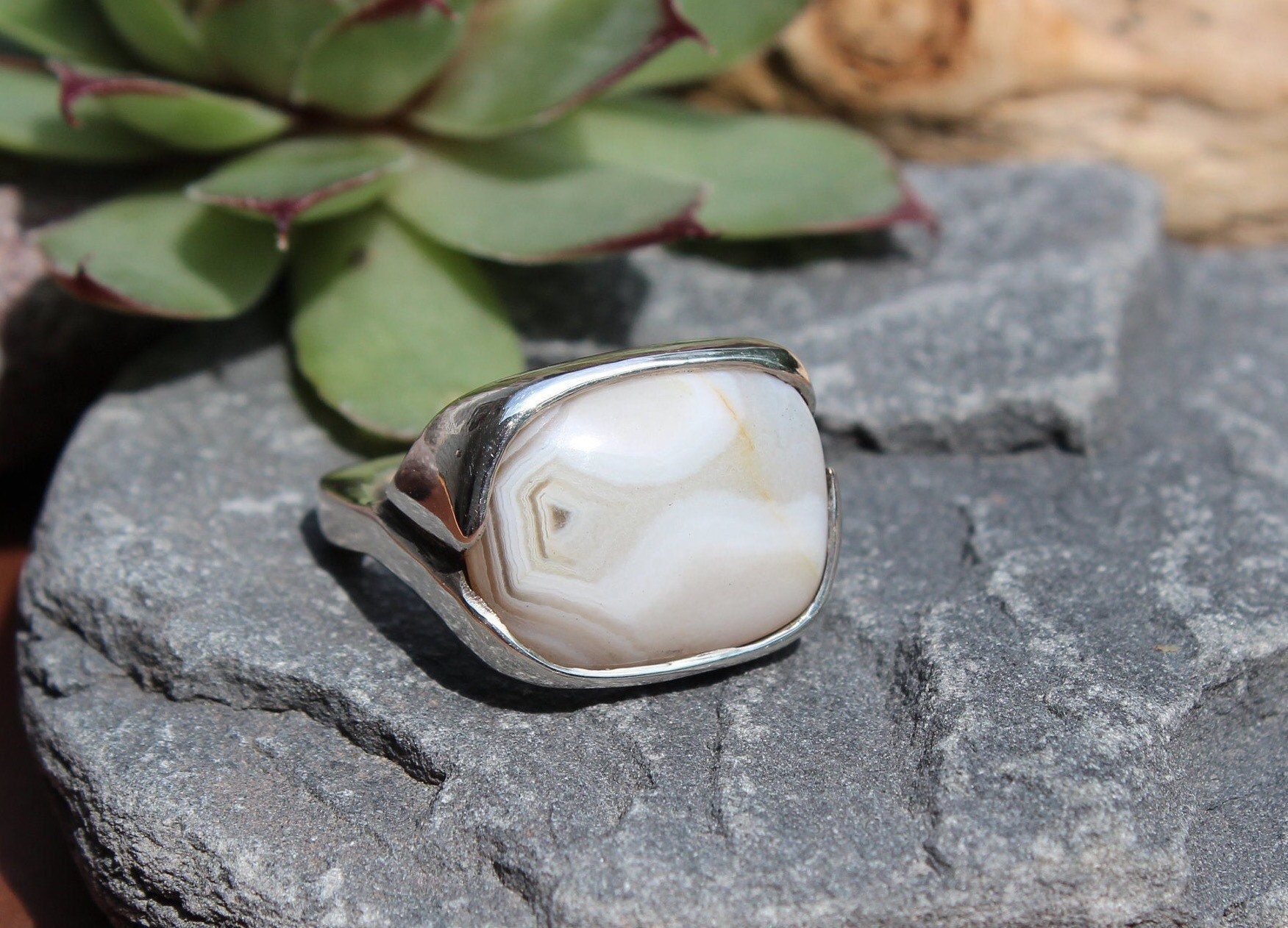 6-17 White Lake Superior Agate Ring Set in .950 Sterling Silver Size 6. ...