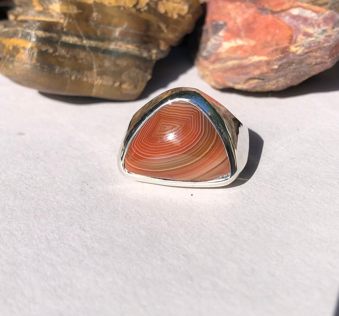 7-37 Red Green Tan Banded Lake Superior Agate Ring Sterling Silver Size ...