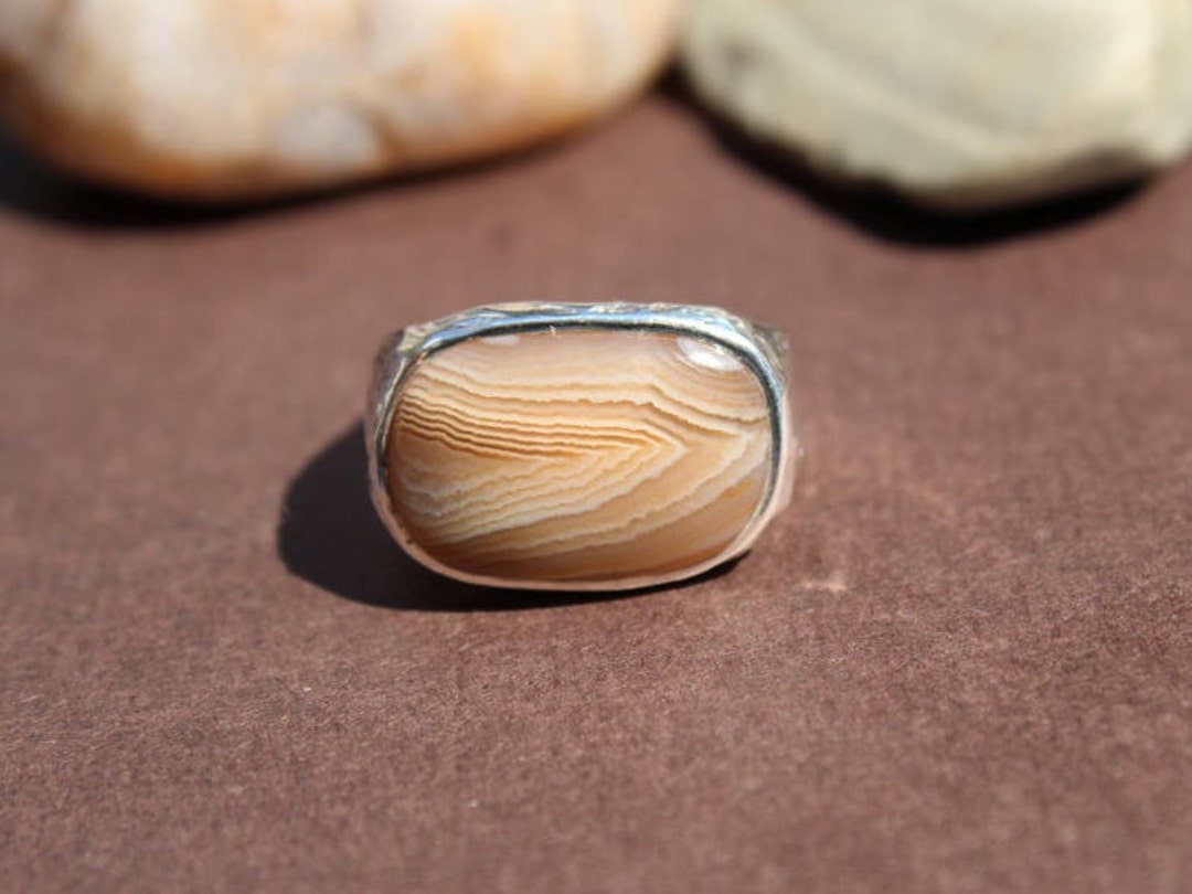 7-51 Tan and White Banded Lake Superior Agate Ring set in .950 Sterling ...
