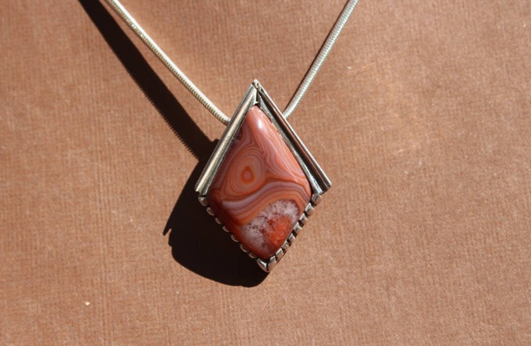 P-53 Salmon Colored Lake Superior Agate Pendant Set in .950 Sterling ...