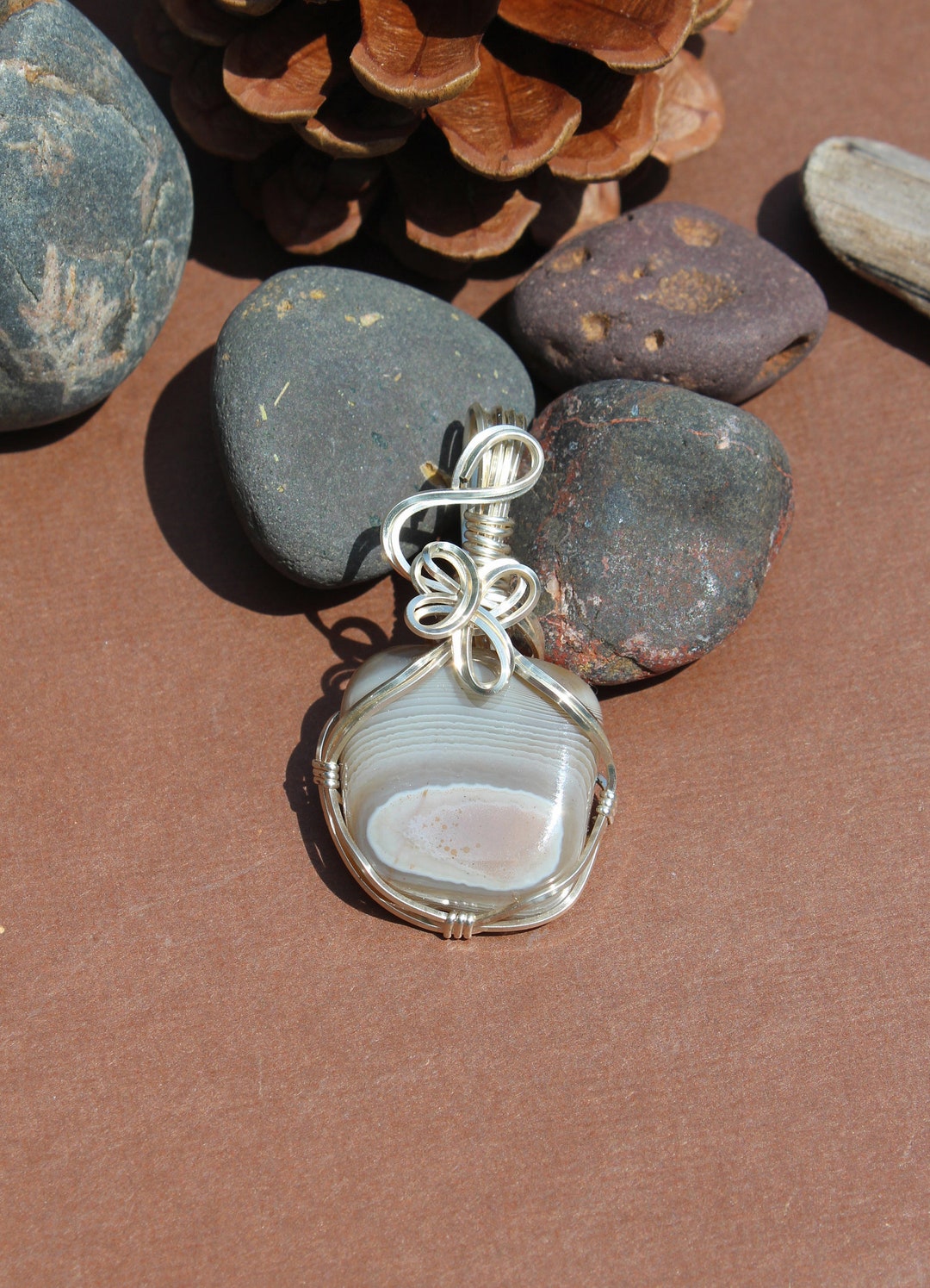 W-3 Tan Banded Lake Superior Agate Pendant Set in Silver Plated Wire ...