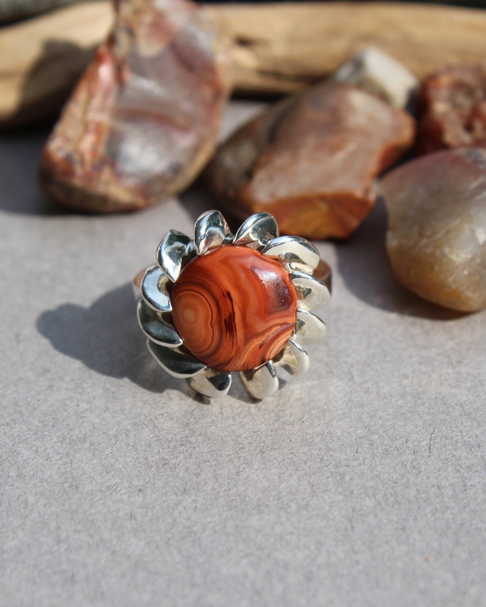 4-4 Salmon Color Lake Superior Agate Ring Set in .950 Sterling Silver ...