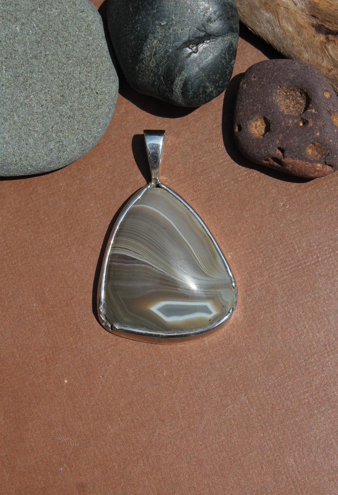 P-10 Tan and White Banded Lake Superior Shadow Agate Pendant Set in ...