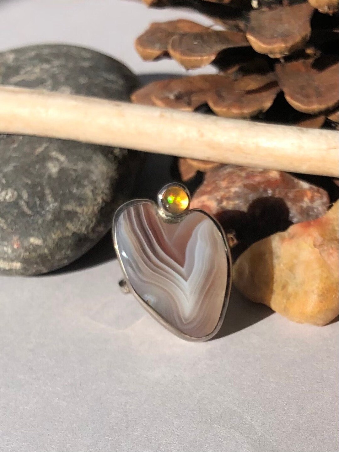 7-2 Brown and White Banded Lake Superior Agate Ring Set in .950 ...